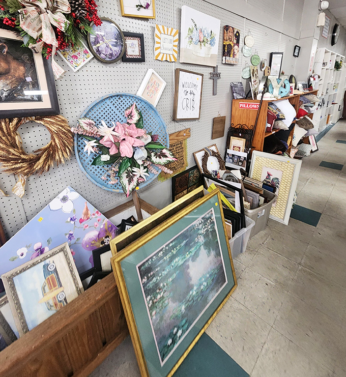 Wall art for every taste lines the pegboard gallery, from farmhouse chic to "my grandmother would love this" classics.