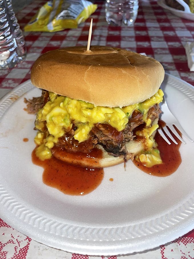 The sandwich in its natural habitat&mdash;a simple white plate on a checkered tablecloth. No pretension, just a direct path to flavor paradise.