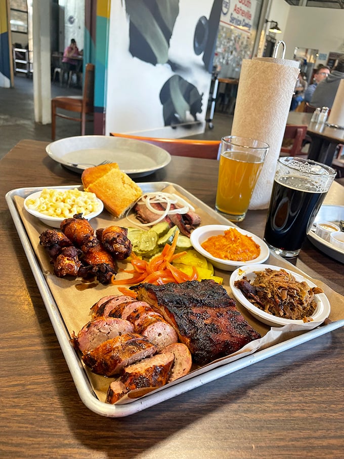 A generous, friendly meal on a tray! Dig in and enjoy the great flavors of 12 Bones Smokehouse.