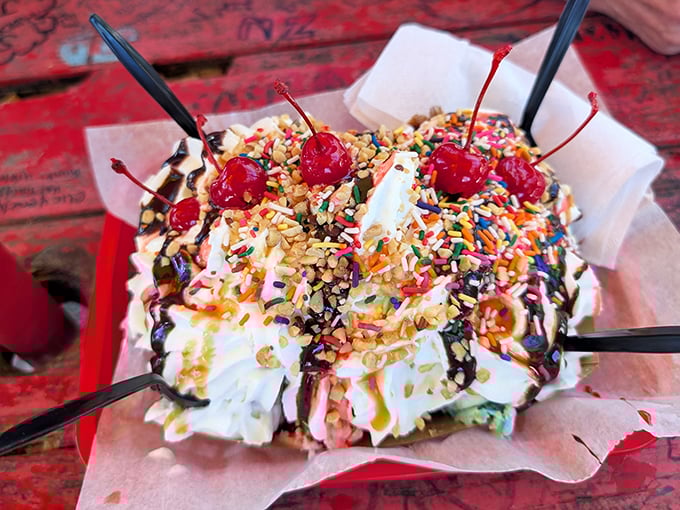 Dessert nirvana: A mountain of ice cream crowned with cherries and sprinkles. This banana split isn't just a treat&mdash;it's a childhood memory served in paper.
