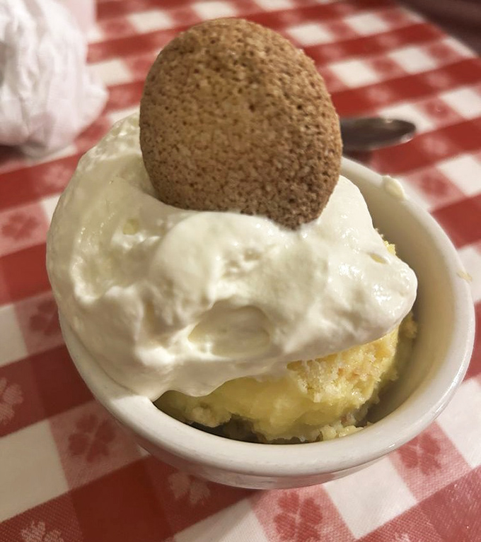 Banana pudding that would make your grandmother both proud and jealous. That vanilla wafer is the crown on this creamy kingdom.
