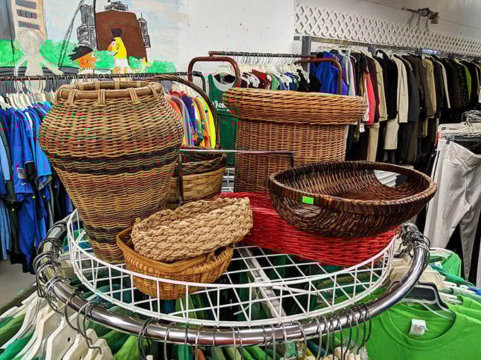 Woven baskets in every shape and size perch atop clothing racks – practical art from around the world at fraction-of-retail prices.