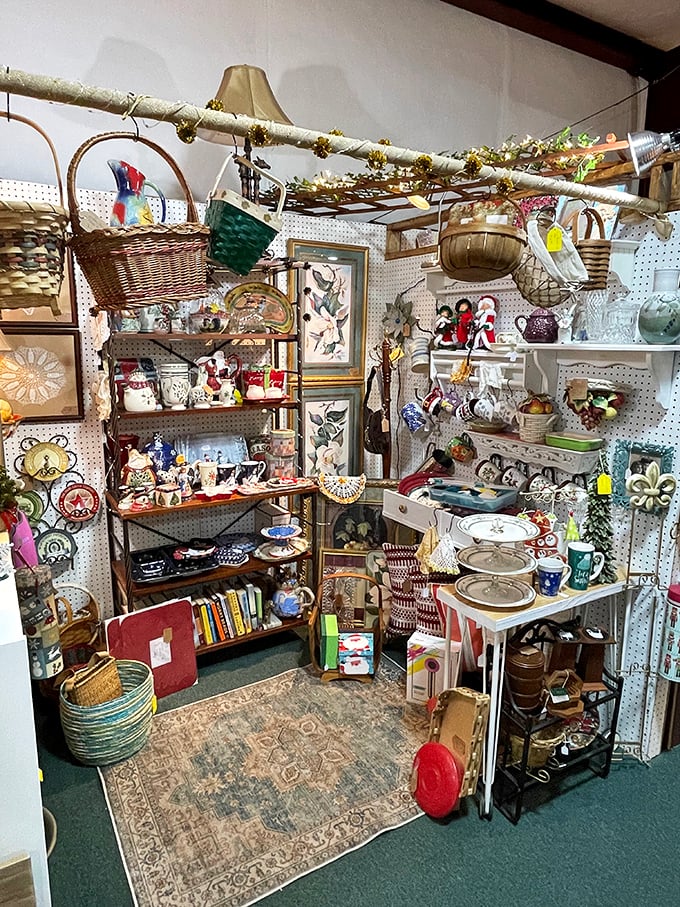 A booth so perfectly cluttered it feels like you've stumbled into your stylish grandmother's attic. Every basket tells a story; every shelf holds a memory.