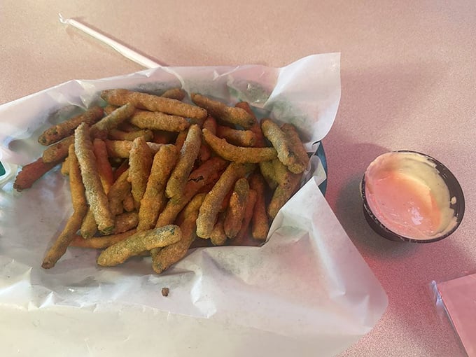 These fried green beans aren't trying to be healthy&mdash;they're trying to be delicious, and they're succeeding with flying colors and a side of dipping sauce.