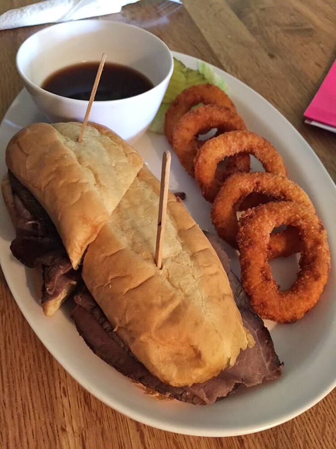 The French dip returns for an encore! Tender beef nestled in a pillowy roll with crispy onion rings that could make even the Salton Sea seem like a reasonable place to swim.
