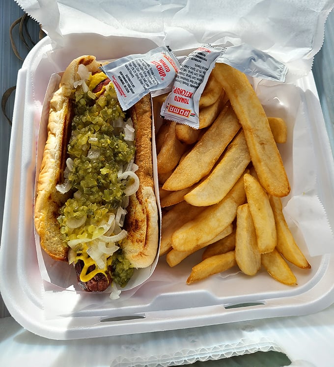The Chicago-style hot dog and fries combo proves Uncle Pete's knows its way around American classics too.