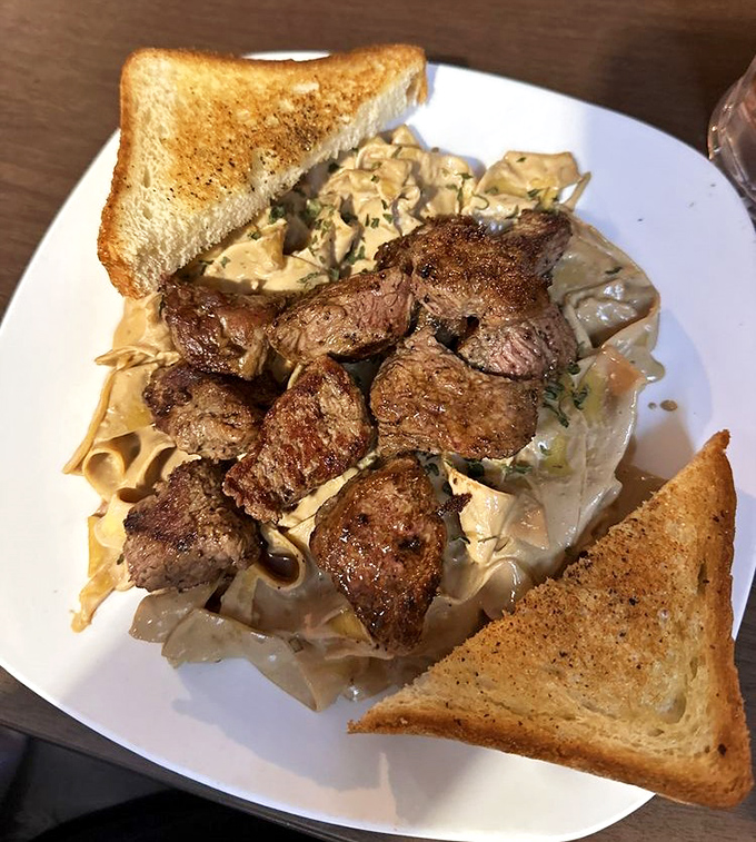 Steak tips and pasta living their best lives together. This beef stroganoff is what happens when comfort food gets dressed up for a night out.