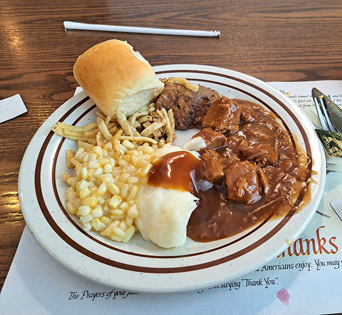 Beef tips swimming in rich gravy alongside all the fixings &ndash; this is plate therapy for whatever ails you.