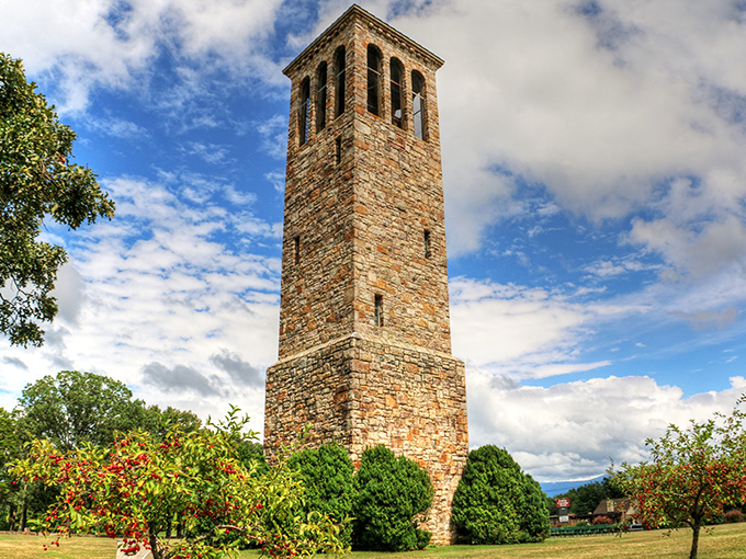 The Belle Brown Northcott Memorial tower reaches skyward like a stone sentinel, keeping watch over the valley's changing seasons.