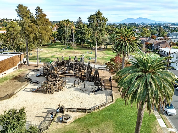This playground paradise surrounded by palm trees is where kids burn energy while parents silently thank city planners for the bench placement.
