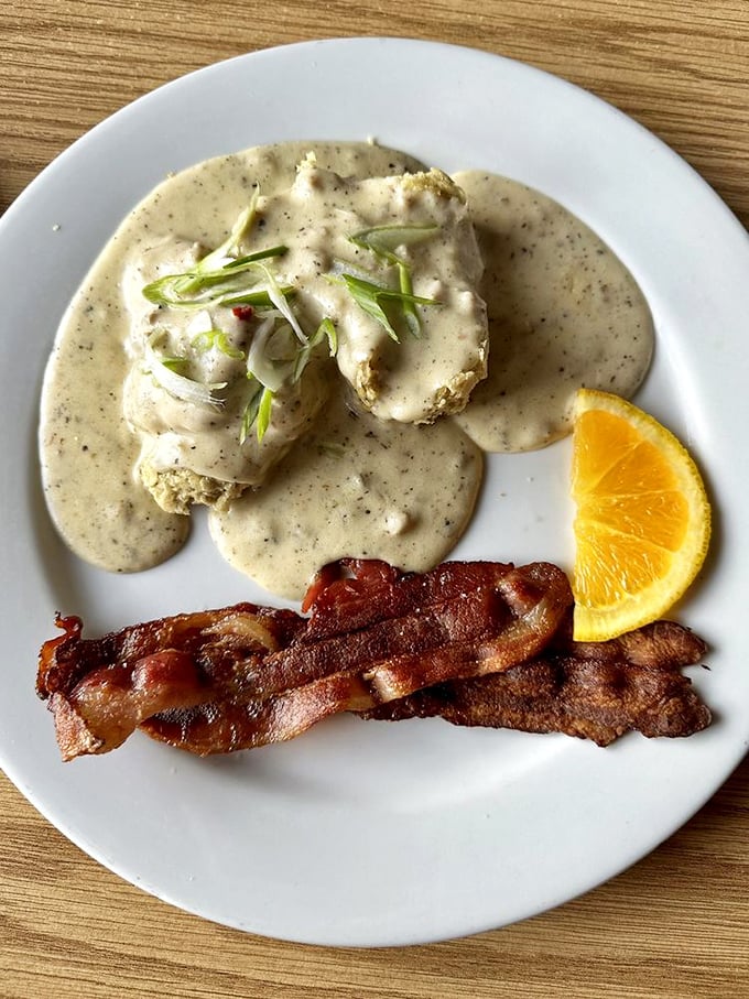 Biscuits and gravy &ndash; the breakfast equivalent of a warm hug from someone who genuinely likes you. That bacon is just the exclamation point.