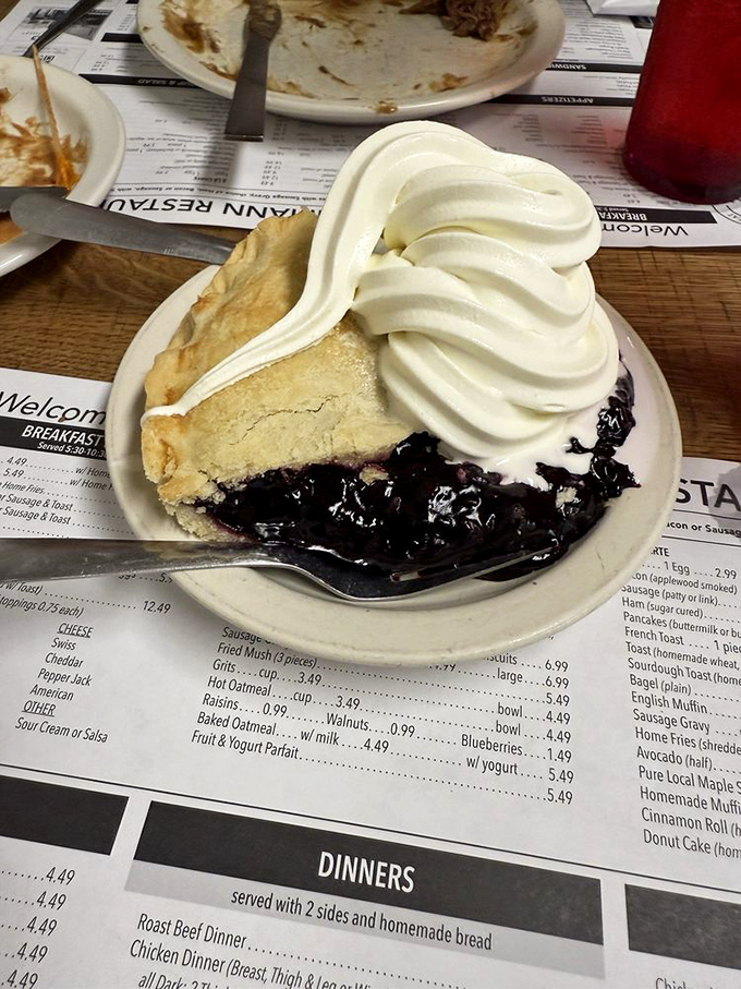 A slice of black raspberry pie topped with a cloud of whipped cream. Fruit counts as a serving of vegetables, right?