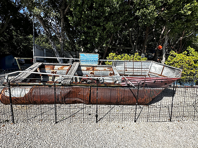 Even the boats at Rain Barrel Village embrace the weathered, sun-bleached aesthetic that defines the authentic Florida Keys experience.
