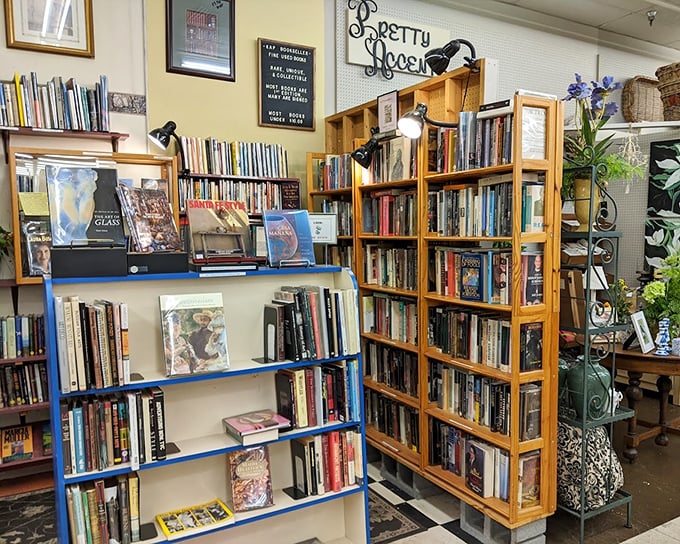 A bibliophile's paradise where "Pretty Decent" books await adoption. That sign is the understatement of the century for these literary treasures.