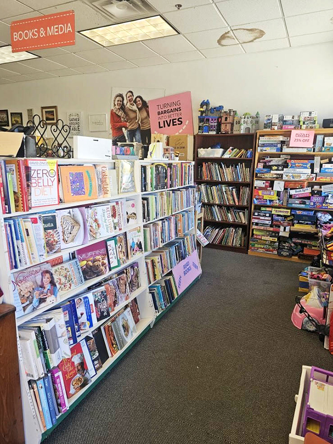 The book section offers literary adventures at yard sale prices, with cookbooks that might contain someone else's handwritten secret recipes.
