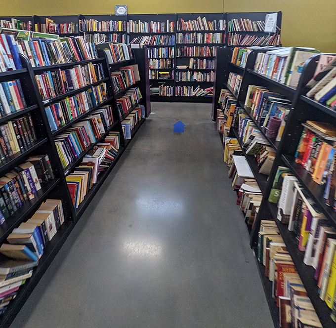 Floor-to-ceiling shelves packed with books offer enough reading material to keep you entertained through multiple hurricane seasons.