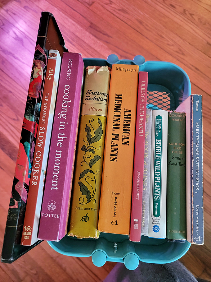 Literary treasures nestled in a plastic bin &ndash; from gardening wisdom to bird watching guides. Knowledge by the pound is the ultimate bargain.