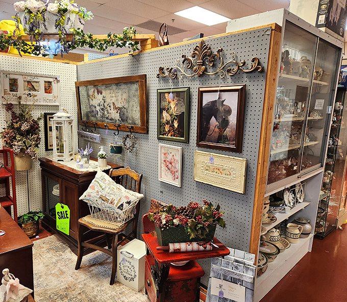 This meticulously arranged booth feels like stepping into someone's curated living room from 1975. The wicker chair practically whispers stories of its previous life.