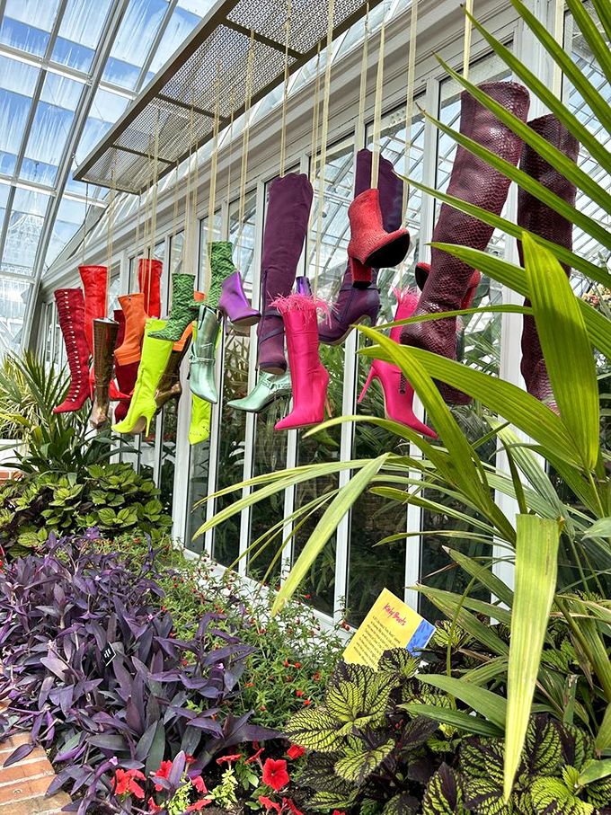 Who knew rainboots could be art? This colorful display proves gardening fashion deserves its own runway show.
