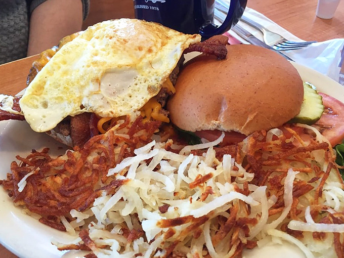 The breakfast burger – where morning meets afternoon in a delicious time-bending experience. Those hash browns are the supporting actors who steal the show.