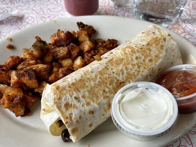 The Bromley Burrito: where Vermont meets the Southwest. A tortilla treasure chest filled with morning goodness and a side of perfectly seasoned potatoes.