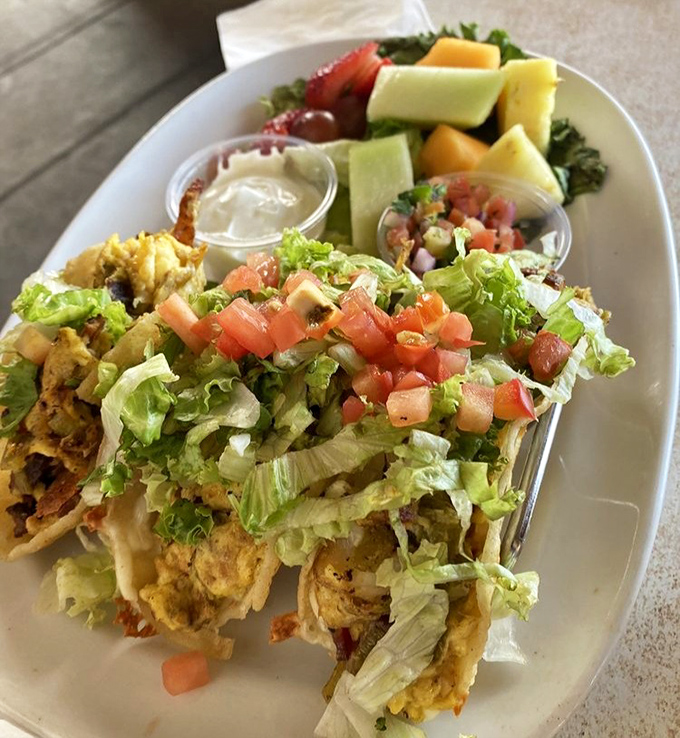 These aren't just tacos, they're breakfast transformed. Fresh lettuce, diced tomatoes, and savory filling create morning magic on a plate.