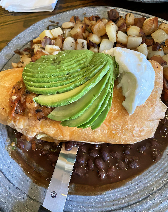 A breakfast burrito and omelet that prove the theory that calories consumed before noon don't count, especially when they taste this good.
