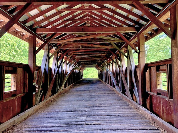 Cathedral of transportation! The intricate wooden lattice work overhead resembles the ribbed vaults of Notre Dame &ndash; if Notre Dame wore flannel.
