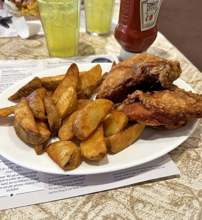 Golden, crispy broasted chicken with seasoned wedges &ndash; basically happiness you can hold with your hands.
