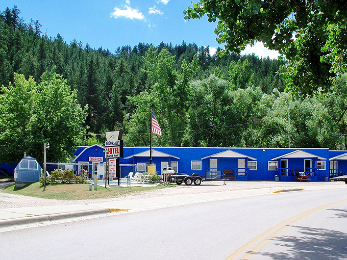 The classic roadside motel – where "no frills" isn't a downgrade but a badge of honor. Blue never looked so inviting against those green hills.