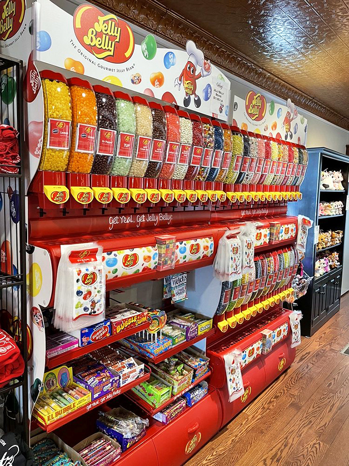 The Jelly Belly wall is like a candy carnival for your eyes. Every color of the rainbow represented in tiny bean form, just waiting to jump into your shopping bag.