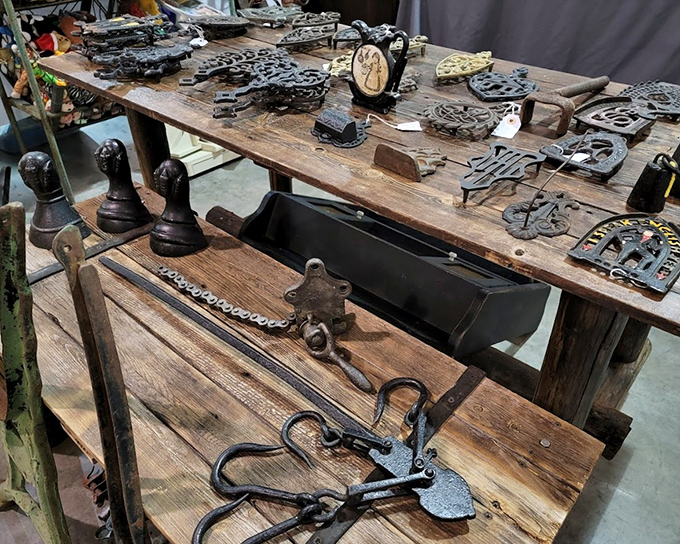 Tools with more character than most movie sequels. Each rust spot and worn handle tells the story of Oklahoma barns built and repaired.
