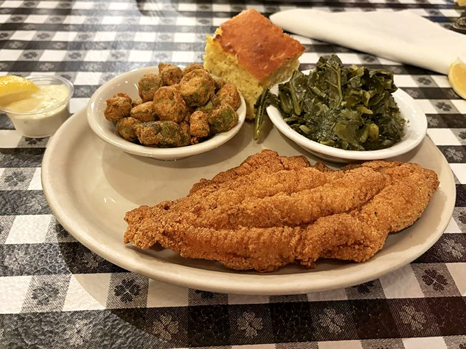Perfectly fried catfish that would make any Mississippi grandma proud. The golden crust shatters with each bite, revealing tender flaky goodness within.