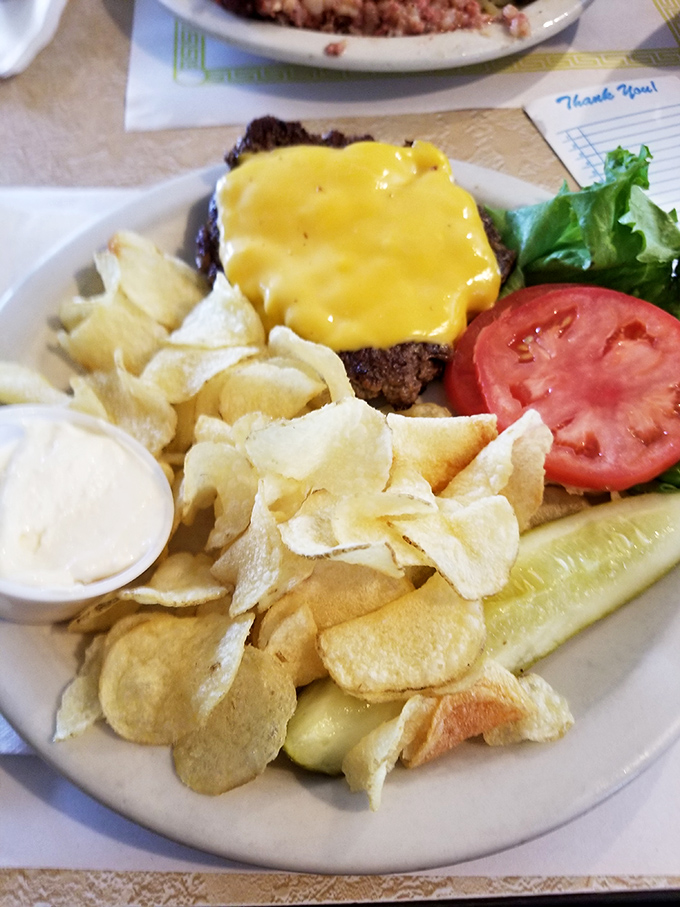 This cheeseburger with its perfect cheese-to-meat ratio sits alongside a mountain of chips—proof that simple pleasures are often the most profound.