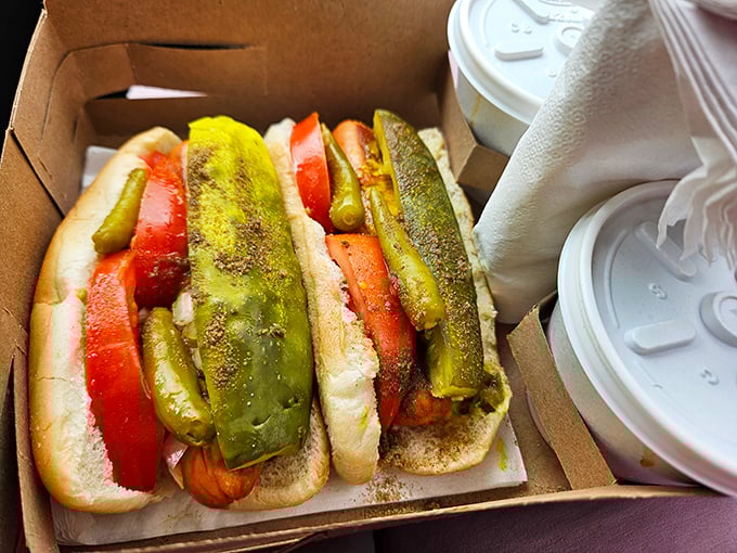 This Chicago-style dog is dressed to impress with vibrant pickle spears and tomato slices. It's like a salad, if salads were actually delicious.