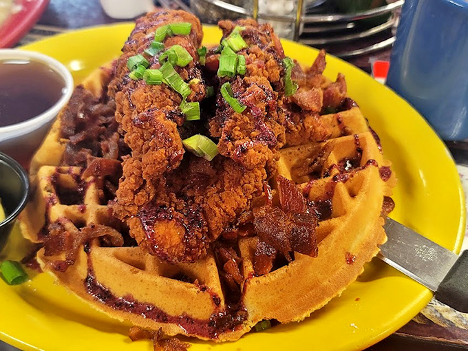 The breakfast-lunch liaison we all need. Crispy fried chicken perched atop a golden waffle&mdash;proof that some relationships are worth crossing mealtime boundaries for.