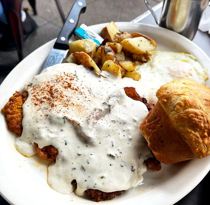 The legendary chicken fried steak in all its glory&mdash;crispy exterior, tender interior, and gravy so good you'll want to write it love letters.