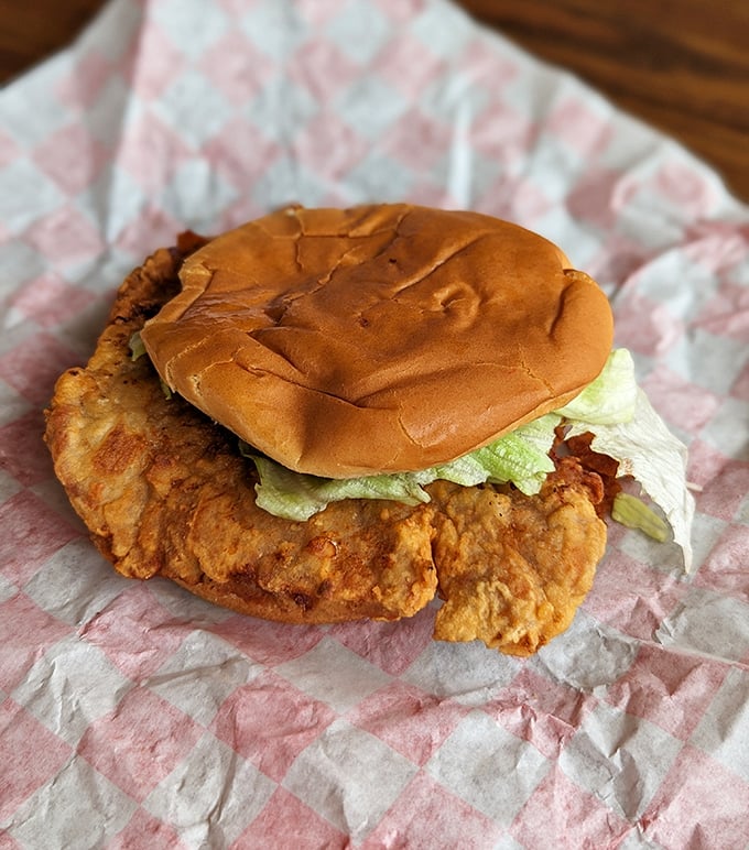 The breaded tenderloin sandwich: Indiana's unofficial state food in its natural habitat. Crispy coating, soft bun, and hanging over the edges as tradition demands.