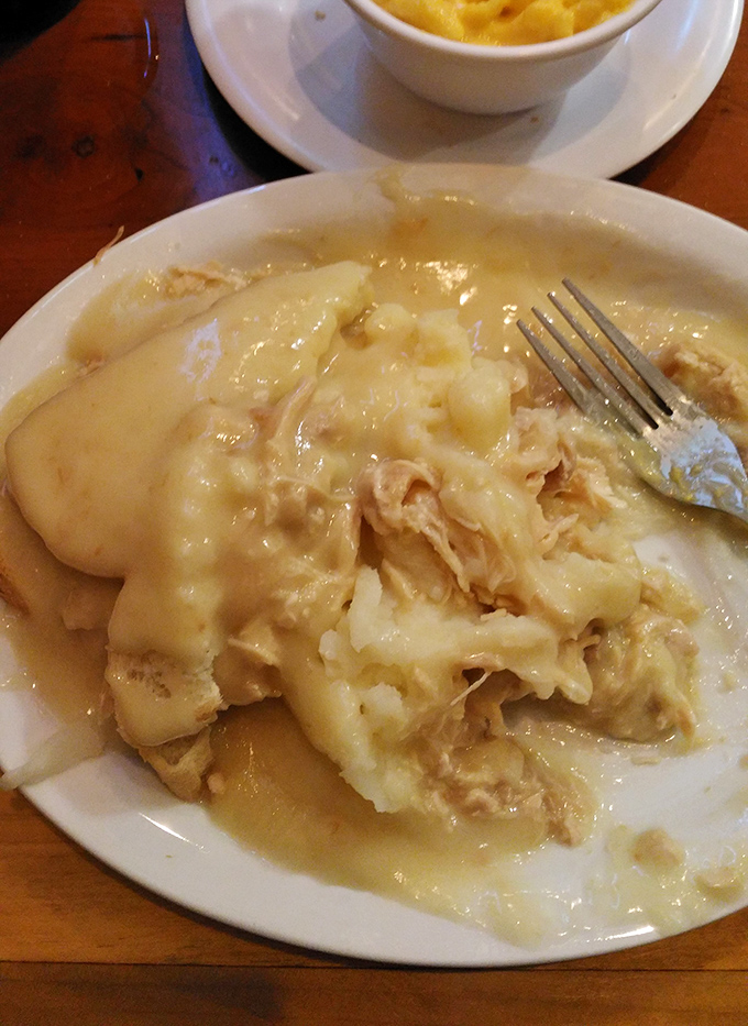 Chicken and dumplings that look like they were teleported directly from a 1950s Sunday dinner, where comfort trumps calorie-counting every time.