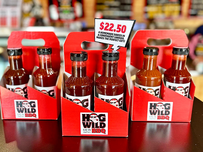 Their house-made BBQ sauces come packaged like liquid treasure. Take some home—your future self will thank you.