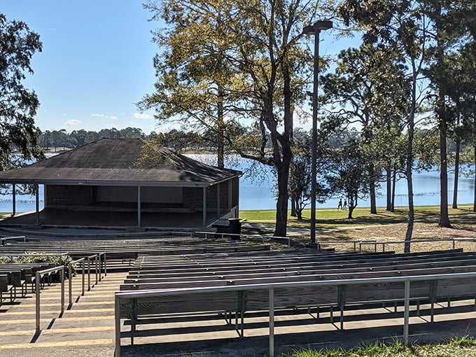 Chipley Park's amphitheater awaits its next performance, surrounded by oaks that have seen countless encores.