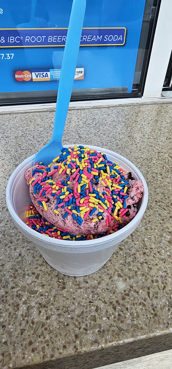 Rainbow sprinkles turn strawberry ice cream into edible confetti &ndash; party in a cup, anyone?