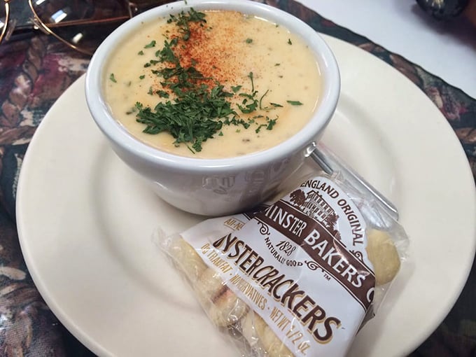 Clam chowder so creamy it should have its own fan club, served with oyster crackers that are essentially tiny soup delivery vehicles.