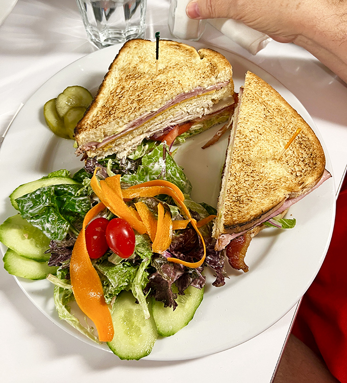 The club sandwich: three pieces of toast holding together civilization's greatest achievement. Served with a side of perfectly dressed greens for your conscience.