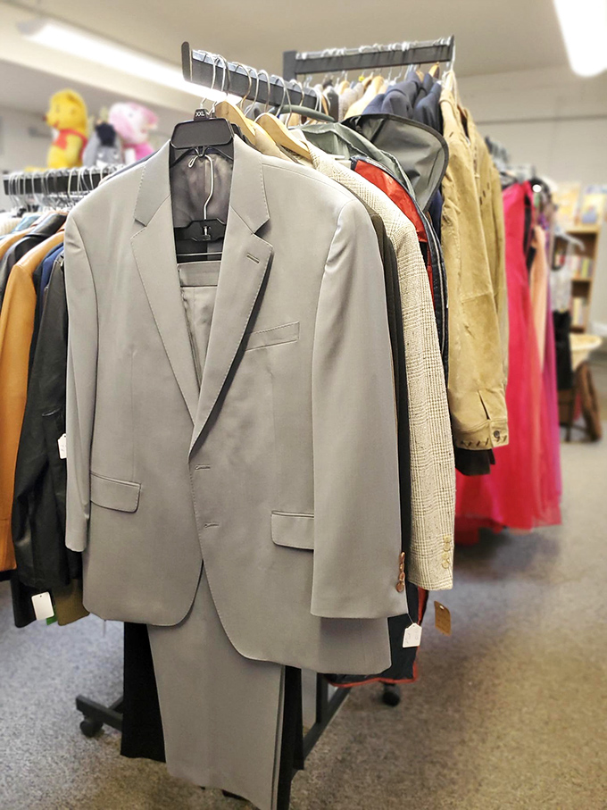The suit section: where Wyoming wedding attire and job interview confidence hang side by side, waiting for their next big moment.