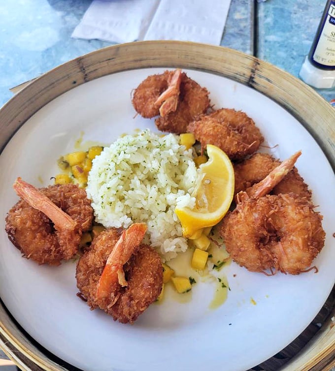 Coconut shrimp arranged like a sunburst around perfectly seasoned rice&mdash;Florida's answer to "what should we have for dinner?"