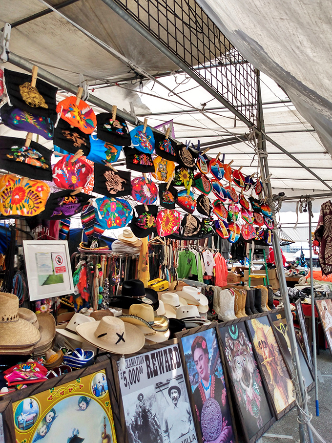 A kaleidoscope of handcrafted textiles and vintage-inspired art. The hat selection alone could outfit an entire mariachi band.