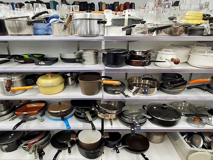 The cookware section rivals kitchen specialty stores, with cast iron treasures and vintage pots that have already proven their durability.