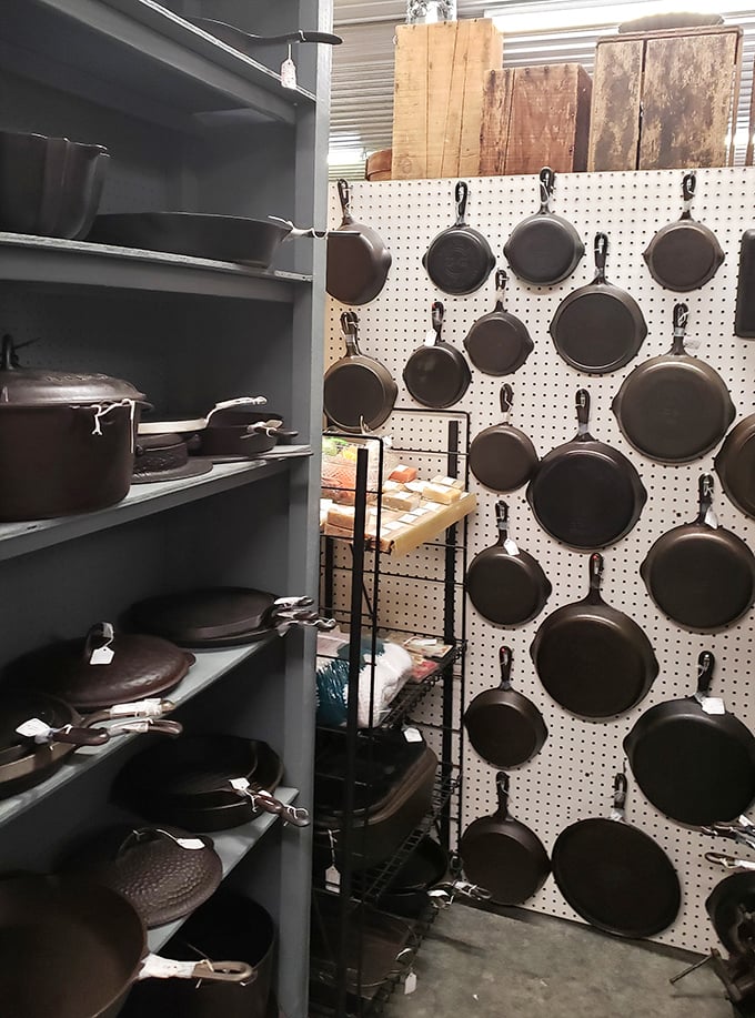 Cast iron skillets arranged like a greatest hits collection of cookware that'll outlive your grandchildren's grandchildren beautifully.