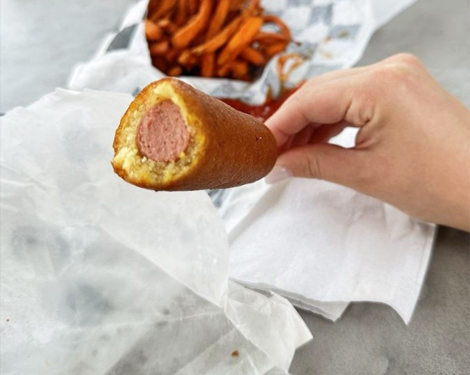 Corndog perfection that would make any state fair jealous. Simple pleasures wrapped in golden, crispy goodness.